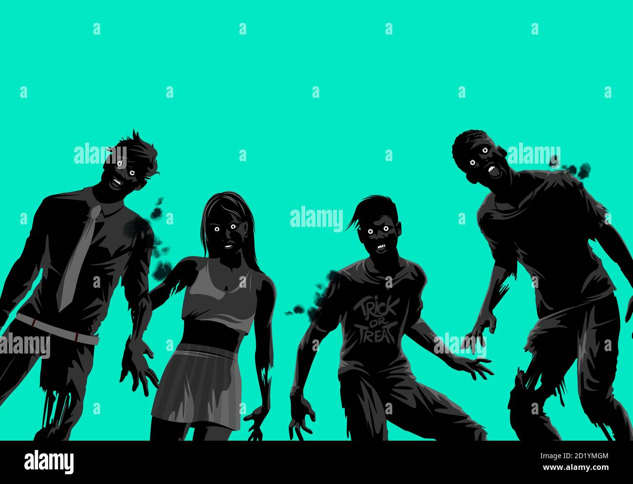 A grpoup of hungry and dangerous zombie characters out hunting. Vector ...