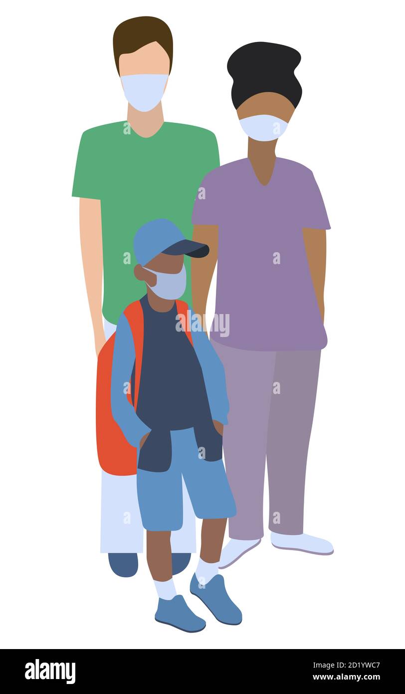 Family in protective masks. Mother, father and son. Vector illustration ...