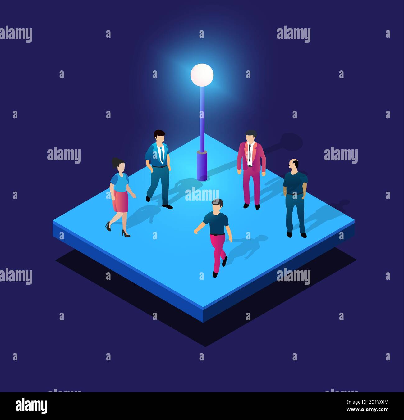 Ultraviolet neon street lamp Isometric people walking at night in the ...