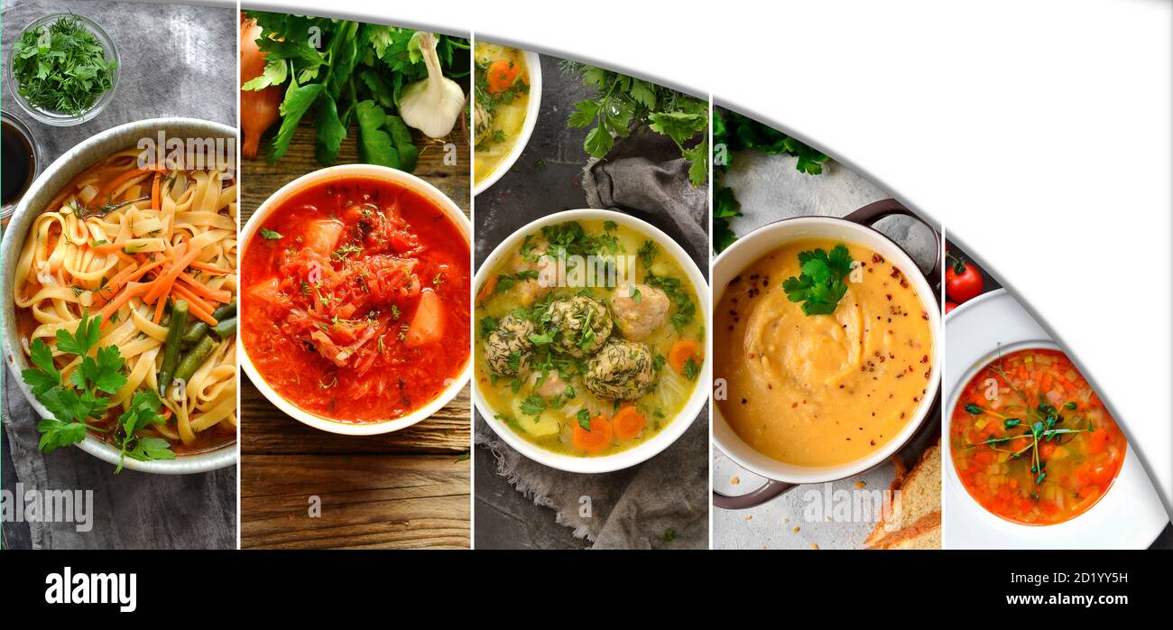 Collage of various foods with copy space. Variety of soups Stock Photo ...