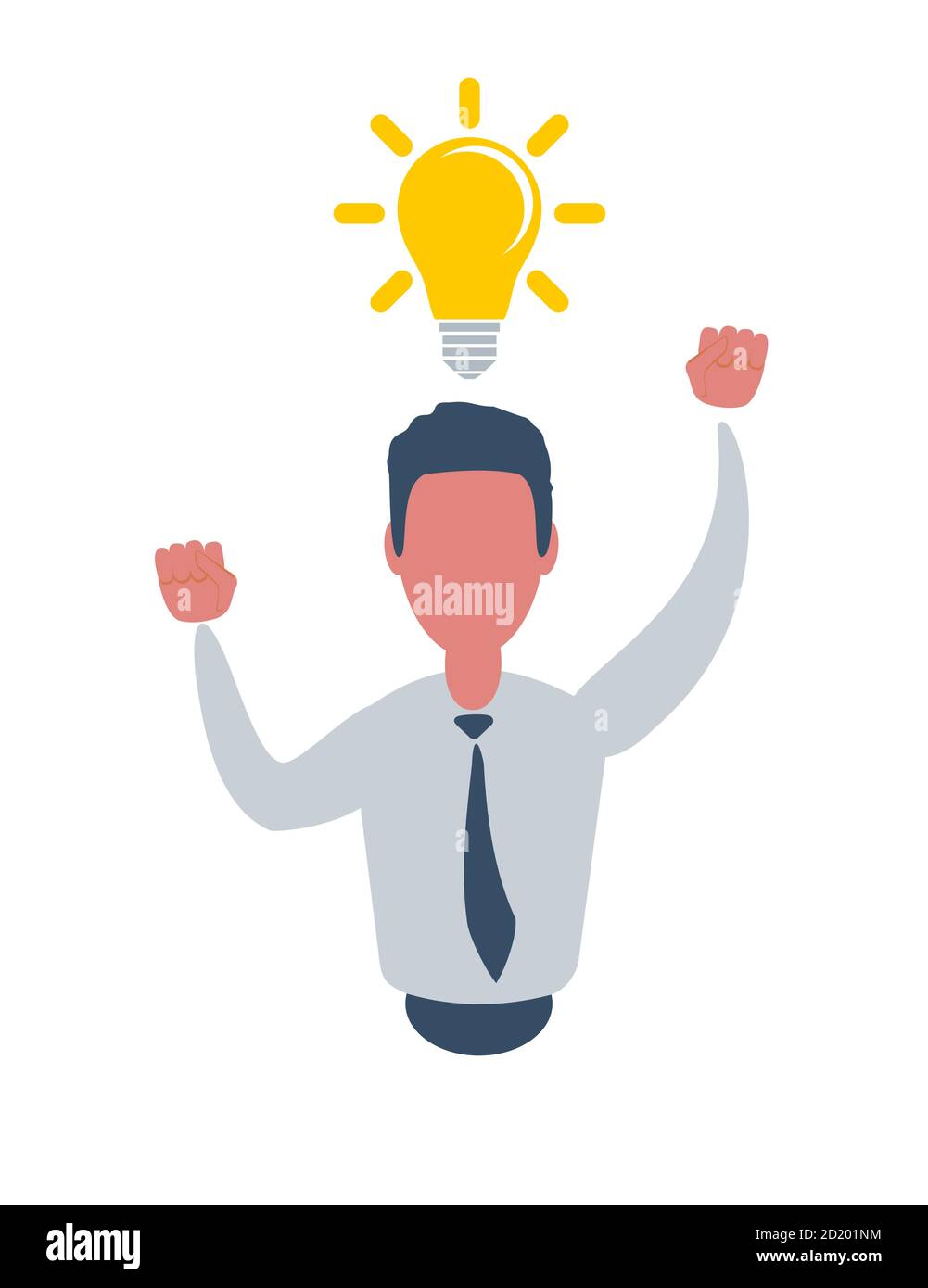 A young man with a light bulb over his head, isolated against a white background. Idea ...
