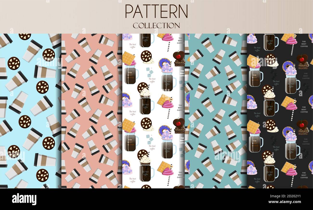 A set of seamless patterns with takeaway coffee cups and glass latte ...