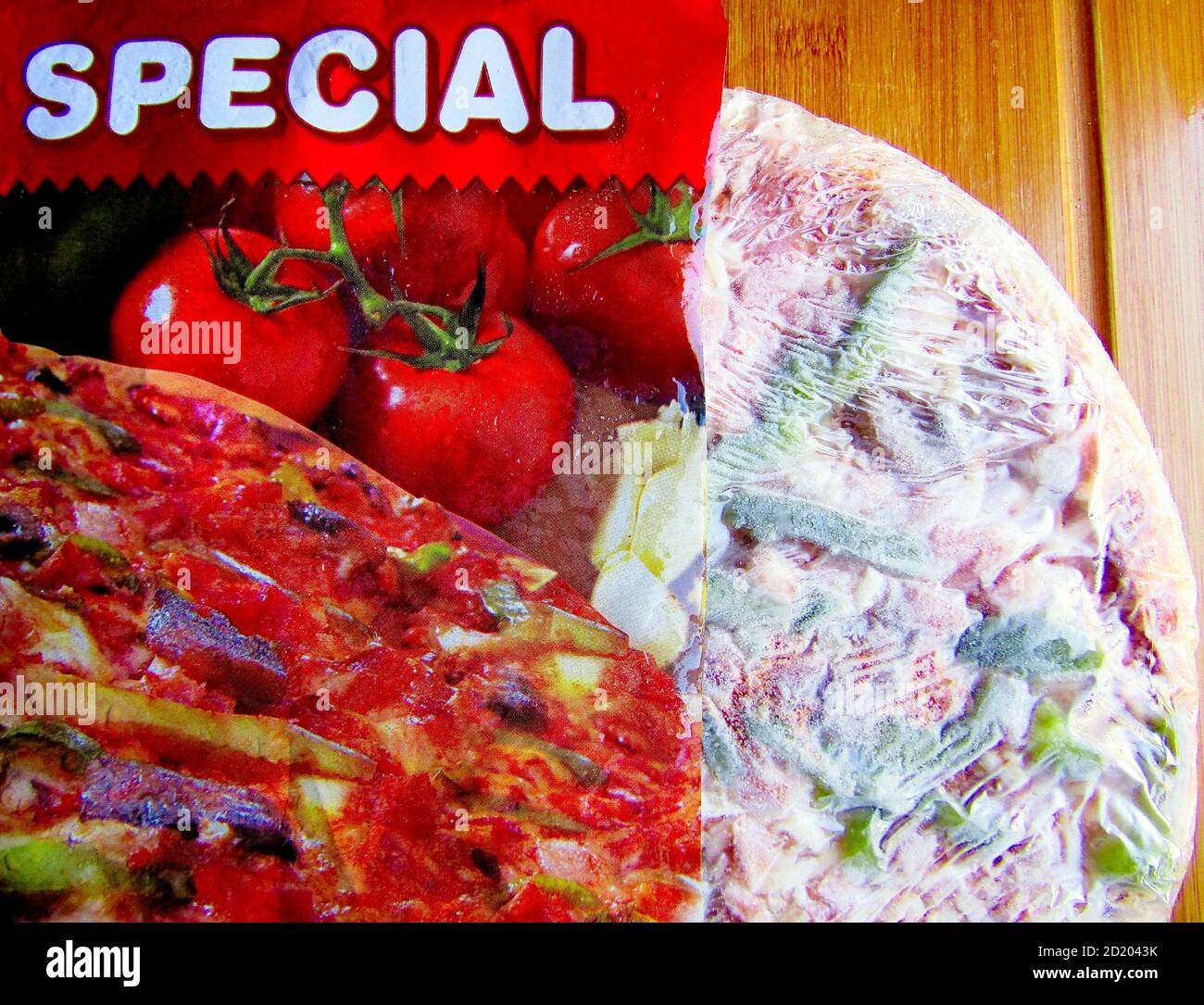 Opened Packet of Frozen Pizza Special Stock Photo - Alamy