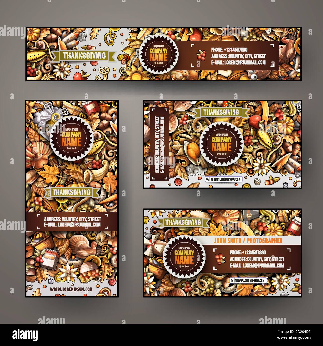 Vector templates set design with doodles hand drawn Happy Thanksgiving ...