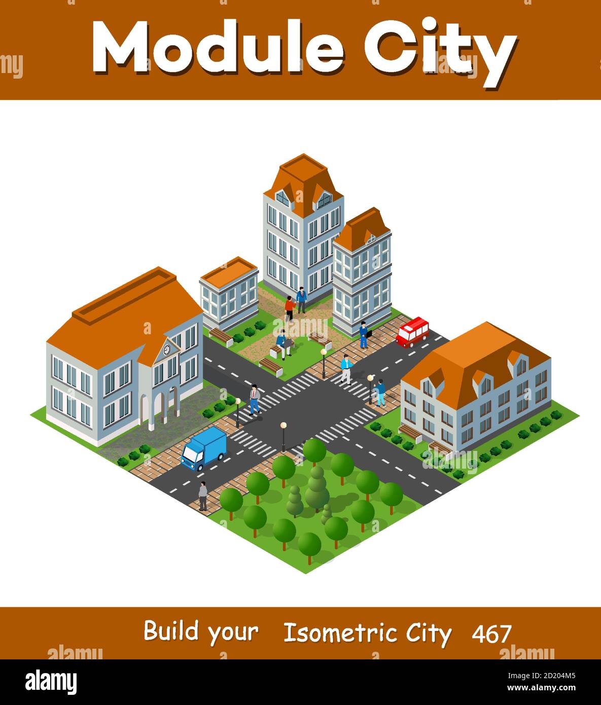 3D isometric city landscape of houses, gardens and streets Stock Vector ...