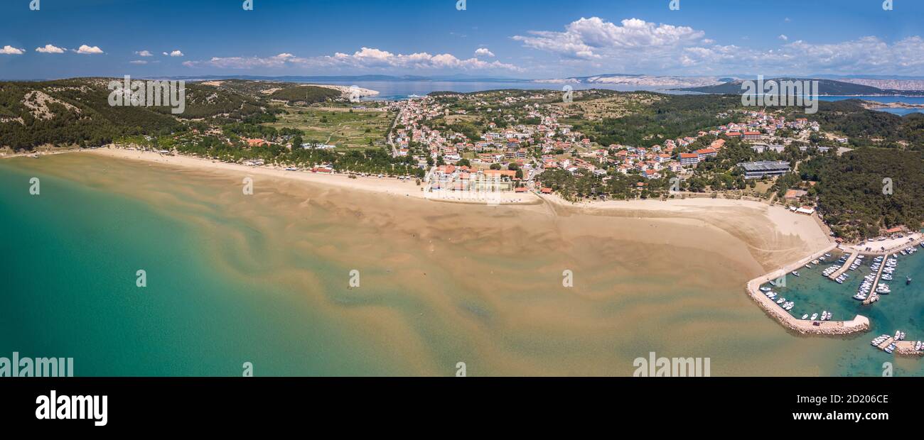 Aerial panorama of beautiful Rajska beach on the Rab island in Croatia ...
