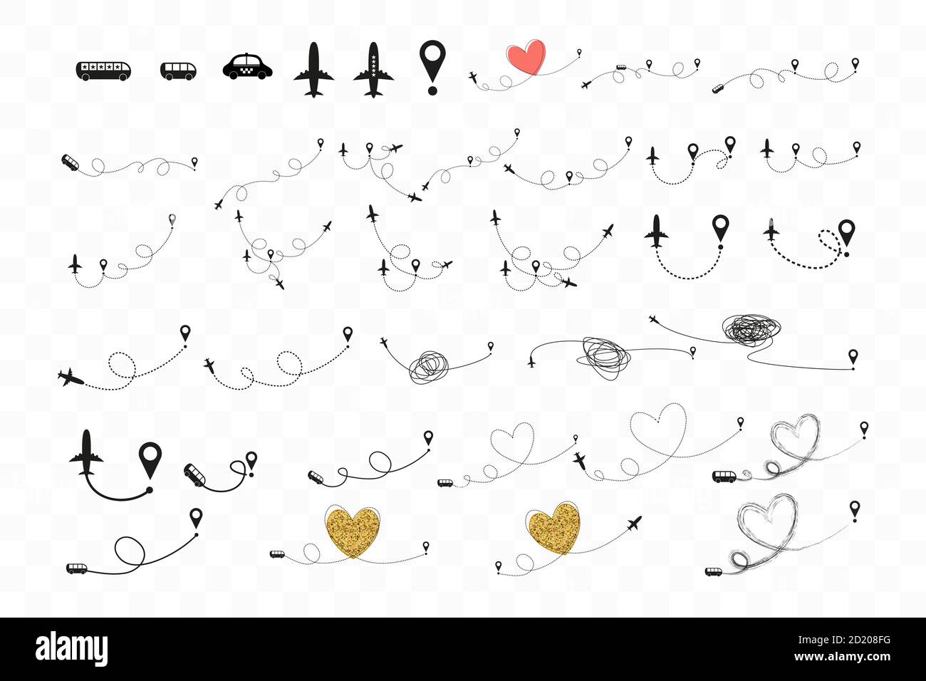 Set icons of travel way by plane or bus, taxi. Takeoff and landing of a ...