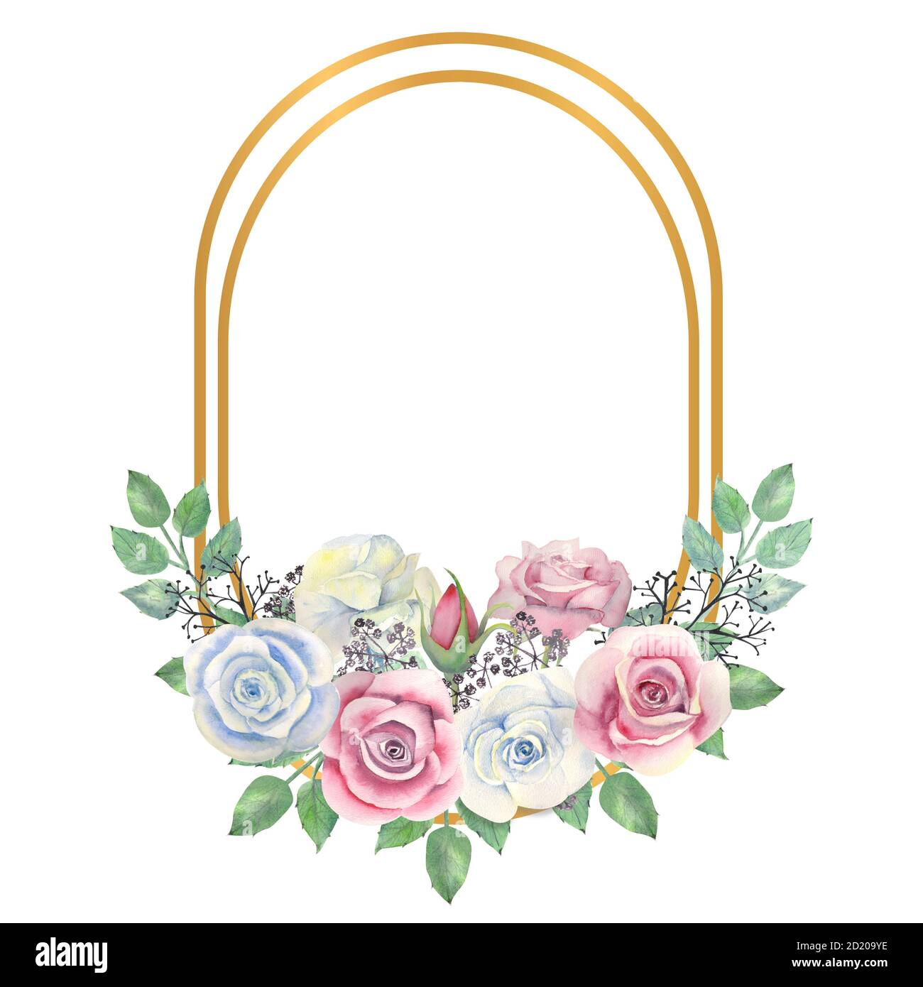 Blue and pink roses flowers, green leaves, berries in a gold oval frame ...
