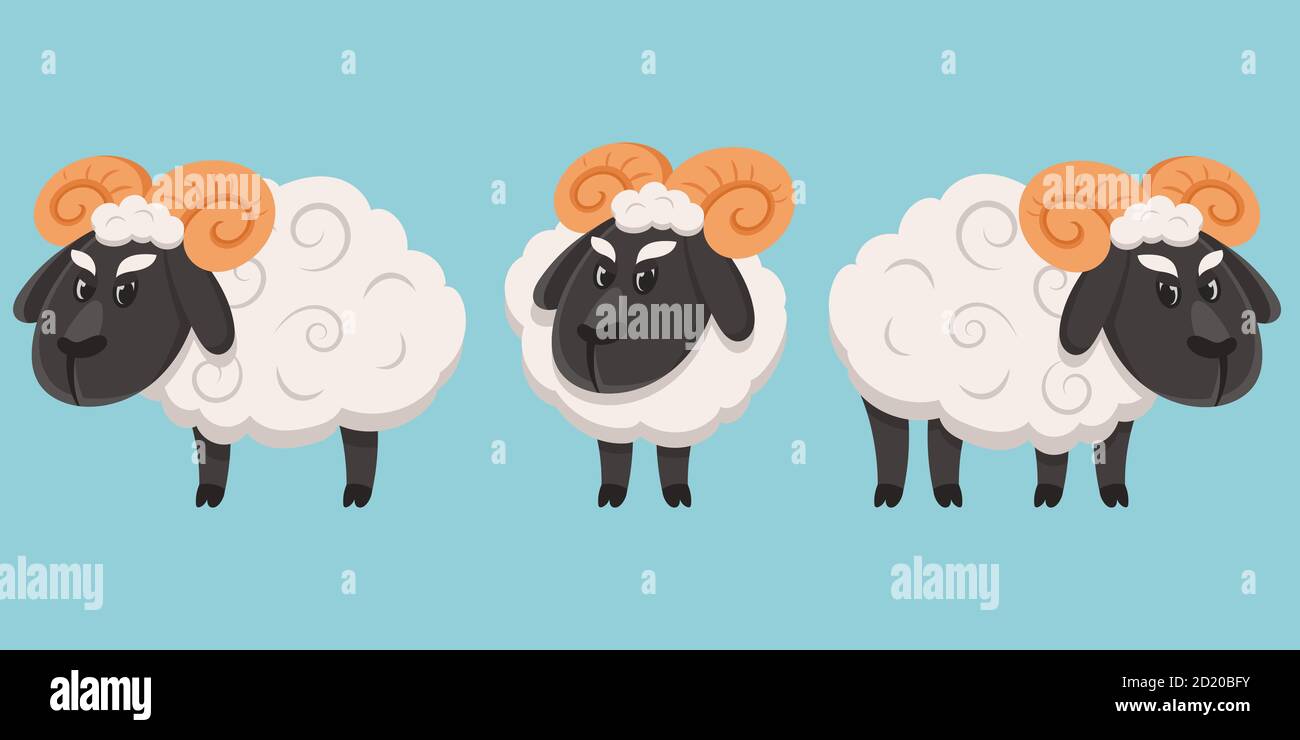 Male sheep in different poses. Farm animal in cartoon style Stock ...