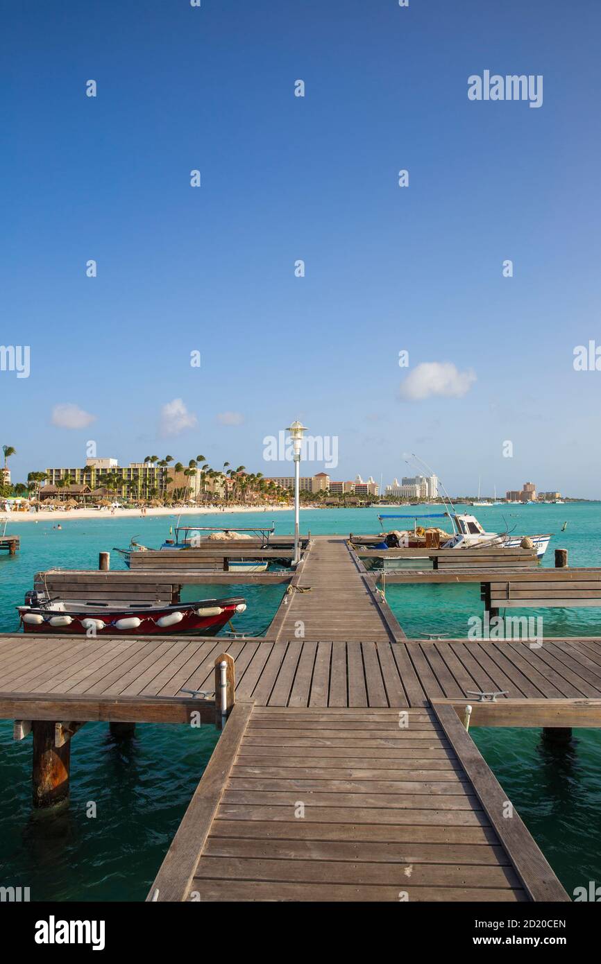 Caribbean, Netherland Antilles, Aruba, Palm beach, Fishermans pier ...