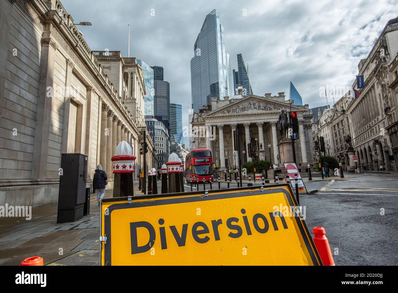 Road diversion at Bank Junction in the heart of the City of London ...