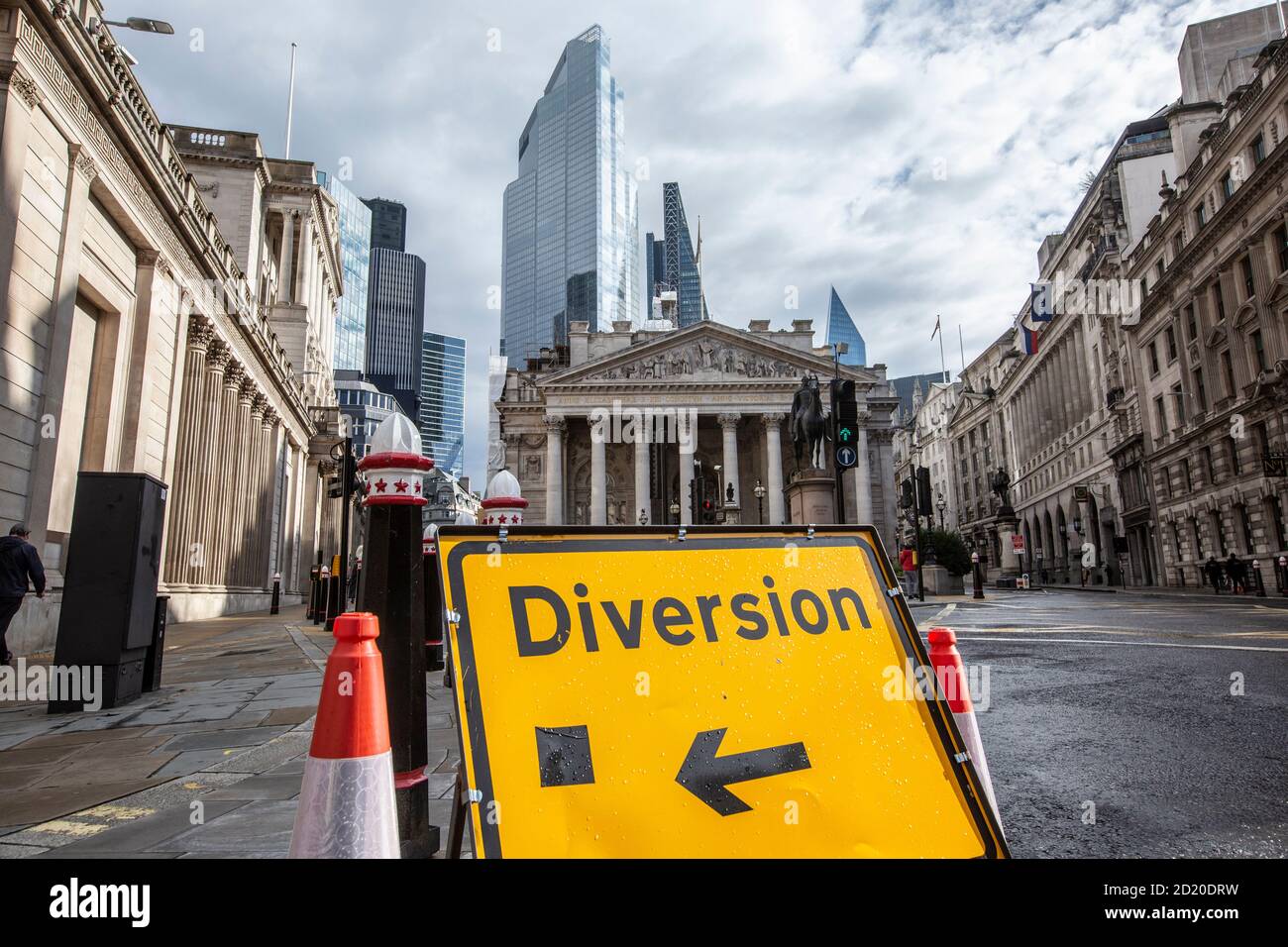 Road diversion at Bank Junction in the heart of the City of London ...