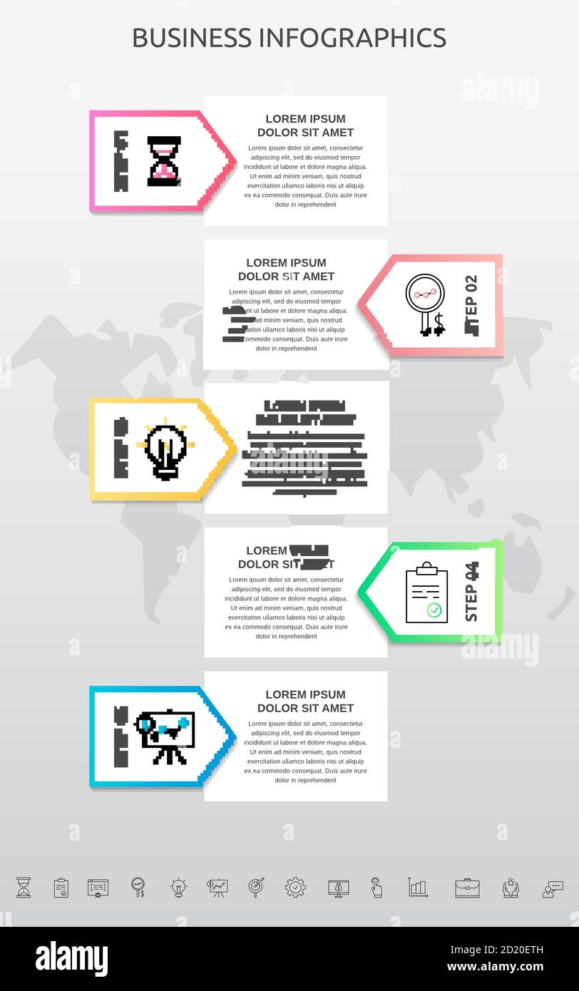 Infographics rectangle with 5 steps, arrows. Vector template used for ...