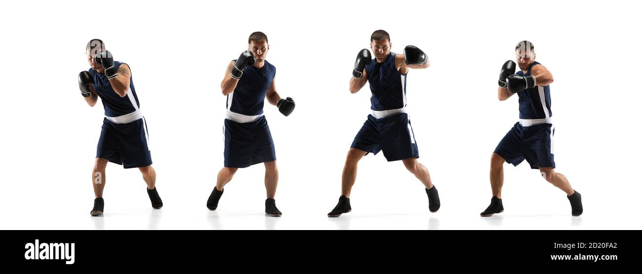 Dynamics. Young professional boxer training in action, motion of step ...