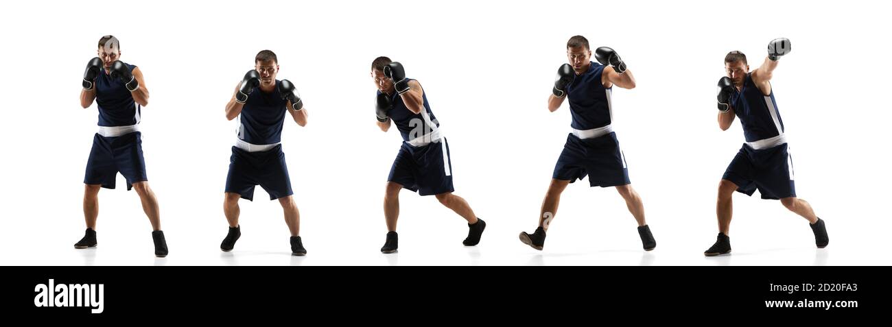 Dynamics. Young professional boxer training in action, motion of step ...