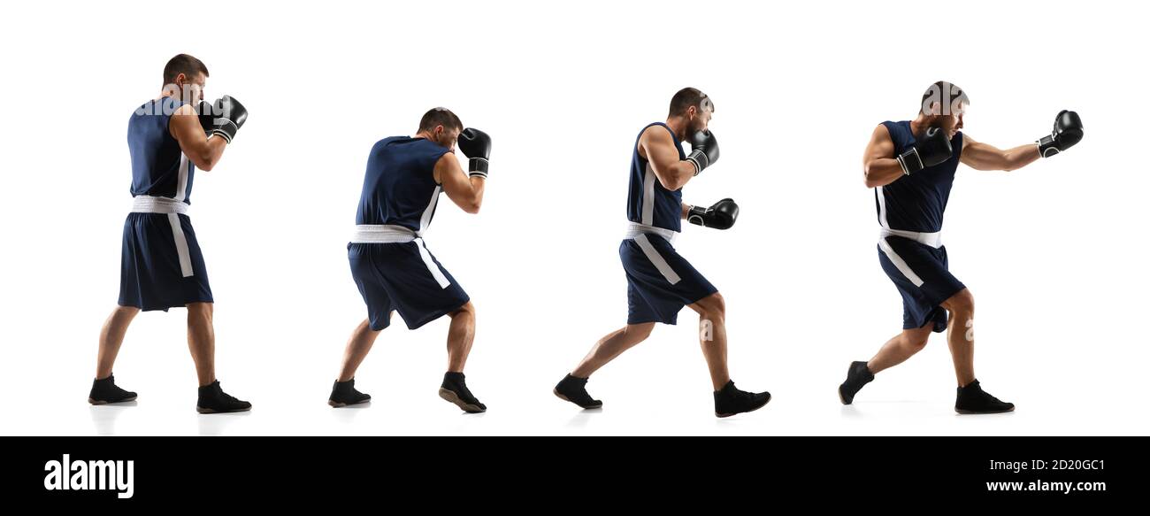 Target. Young professional boxer training in action, motion of step-to ...