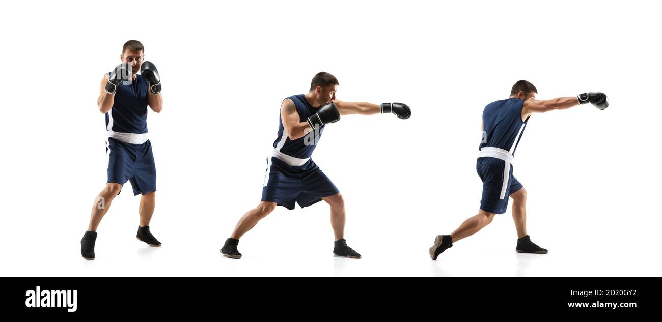 Fighter. Young professional boxer training in action, motion of step-to ...