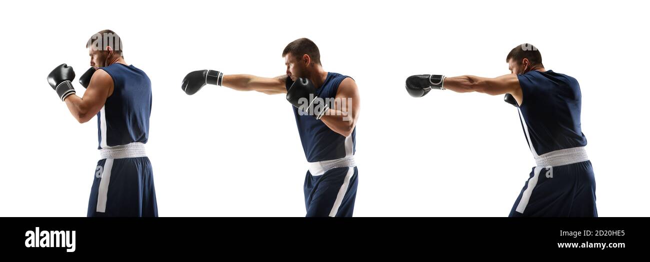 Fighter. Young professional boxer training in action, motion of step-to ...