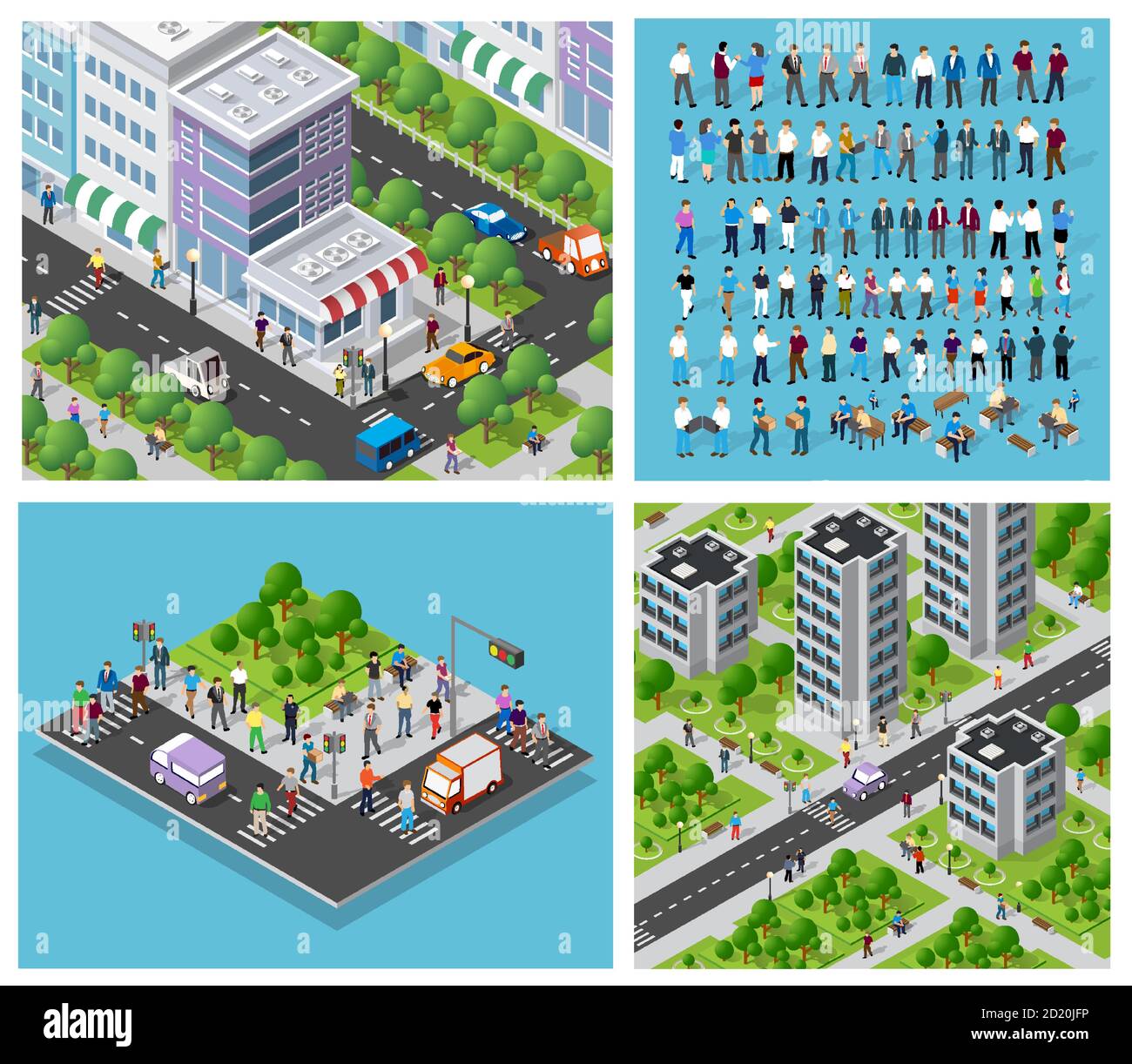 Isometric set of 3D city three-dimensional summer city quarter Stock ...
