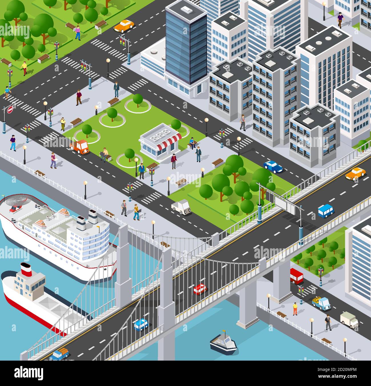 Isometric 3D illustration City with river embankment with Stock Vector ...
