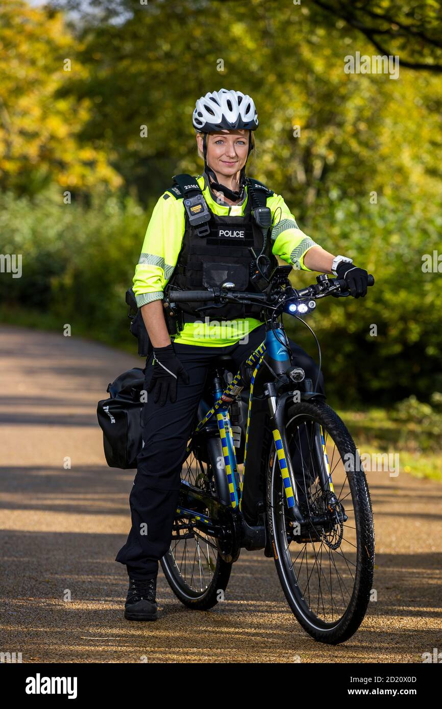 Strandtown Neighbour Policing Team Officer Clare Douglas in Victoria Park in Belfast with a new electric bicycle during a photocall to launch the PSNI s pilot ebike initiative. Four Neighbourhood Poli...