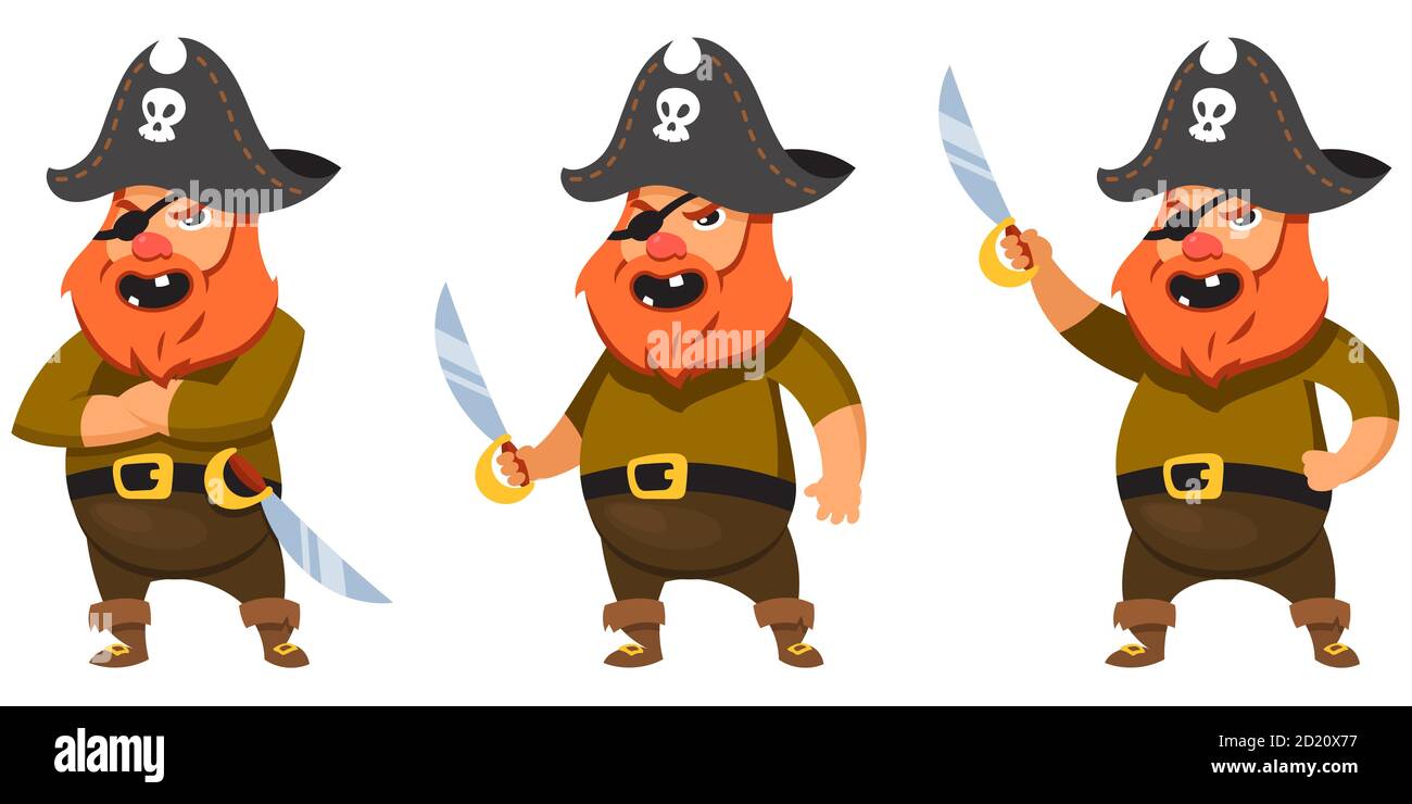 Pirate in different poses. Male character in cartoon style Stock Vector ...
