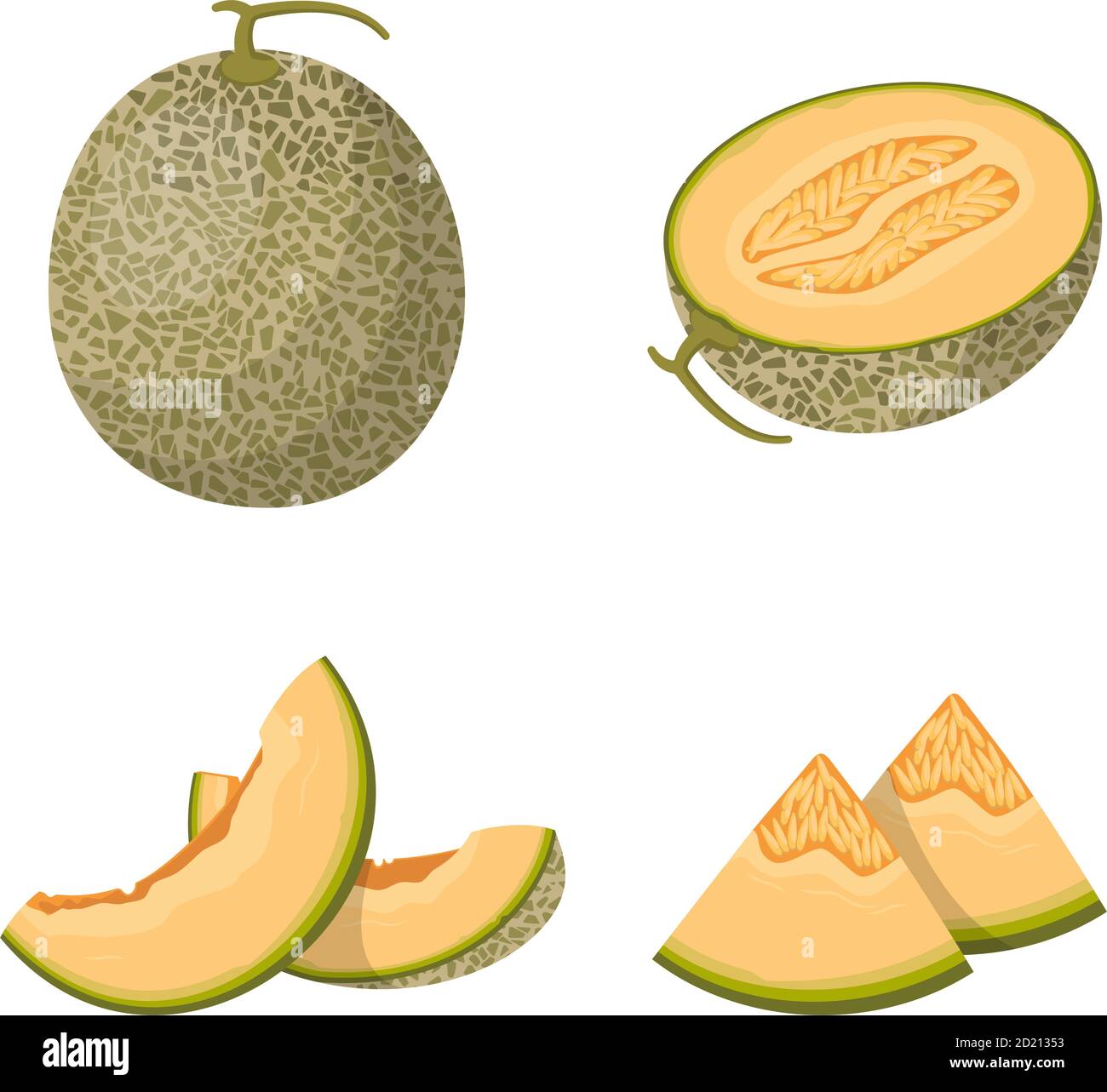 Whole and sliced melon. Vector set in cartoon style isolated on white ...