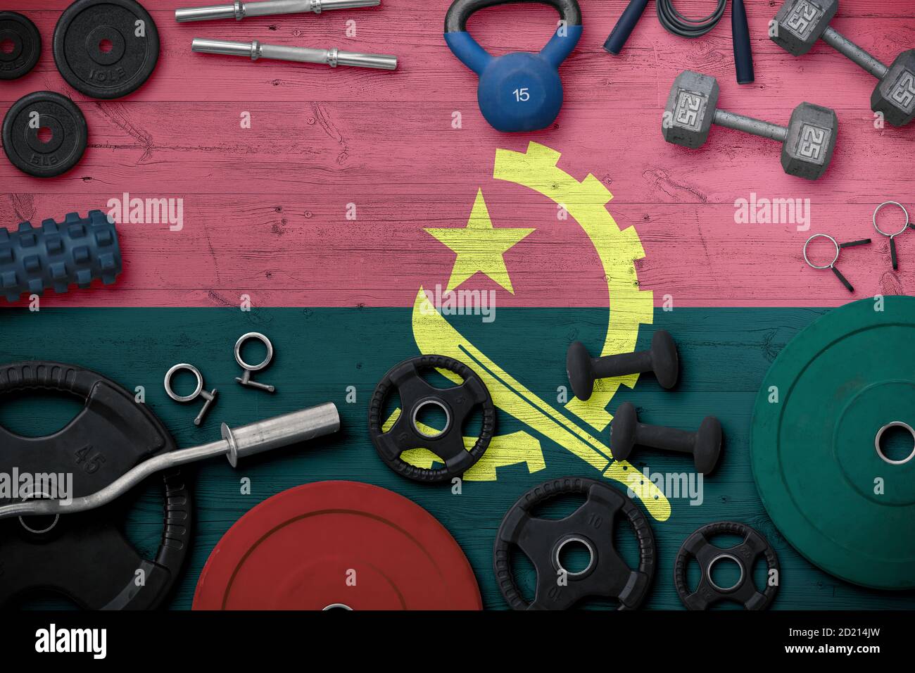 Angola sports and fitness concept. Top view of heavy weight plates with ...