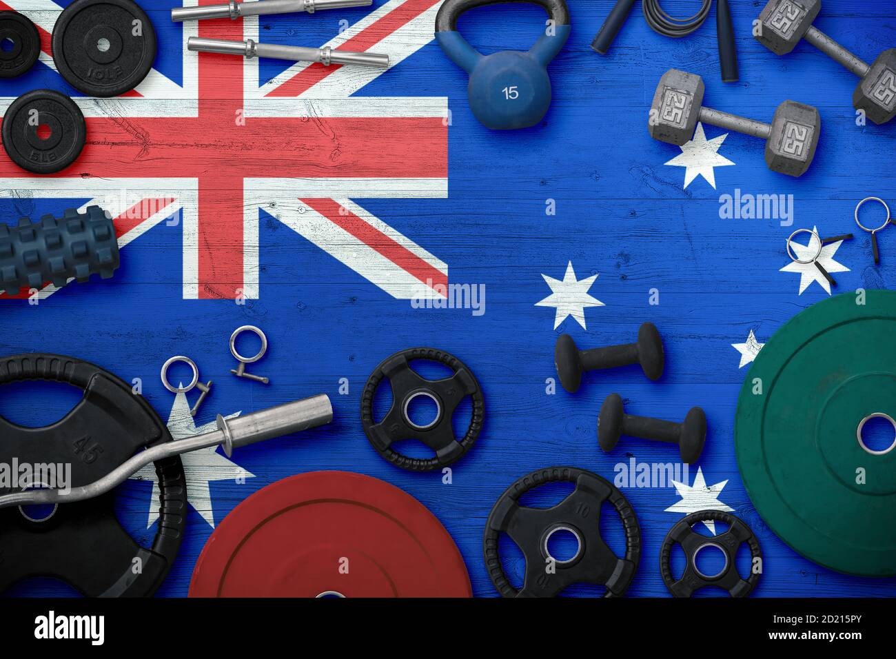 Australia sports and fitness concept. Top view of heavy weight plates ...