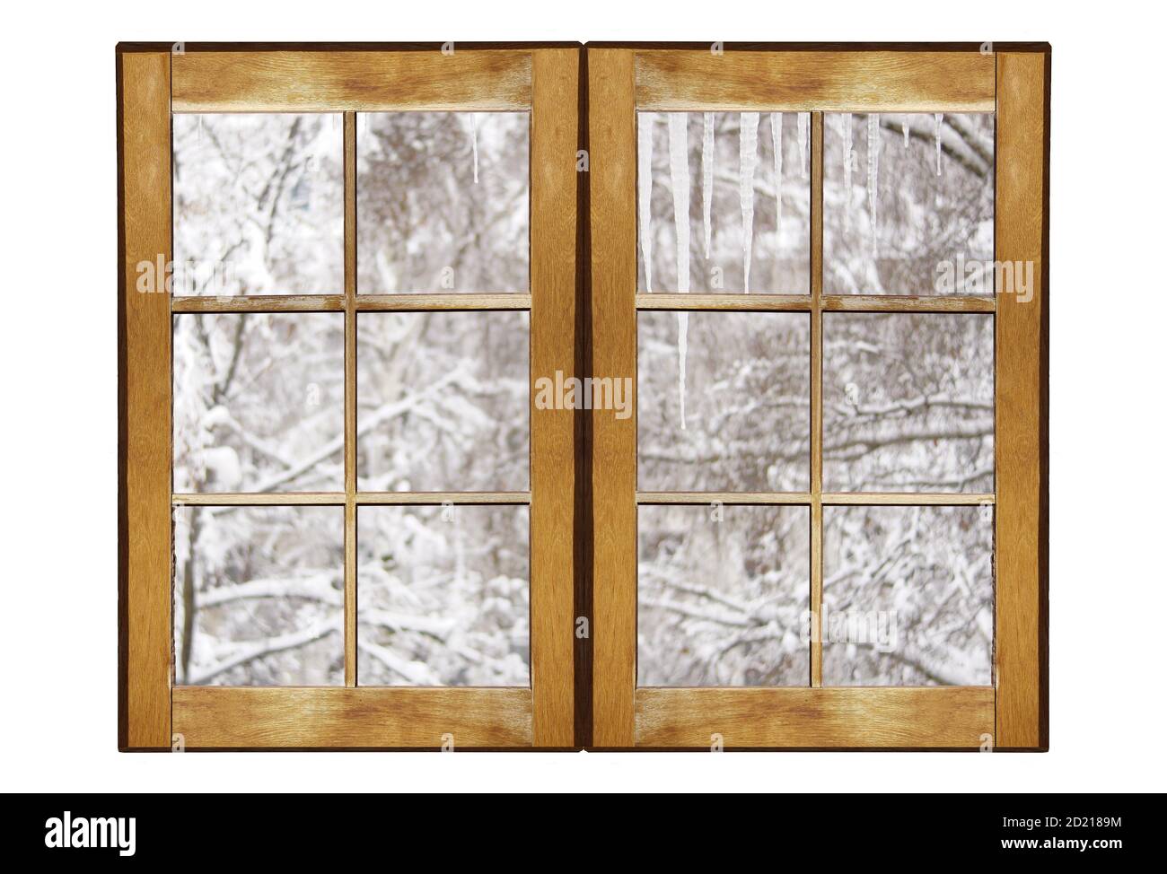 Wooden frame with a winter landscape outside the window. Isolated on ...