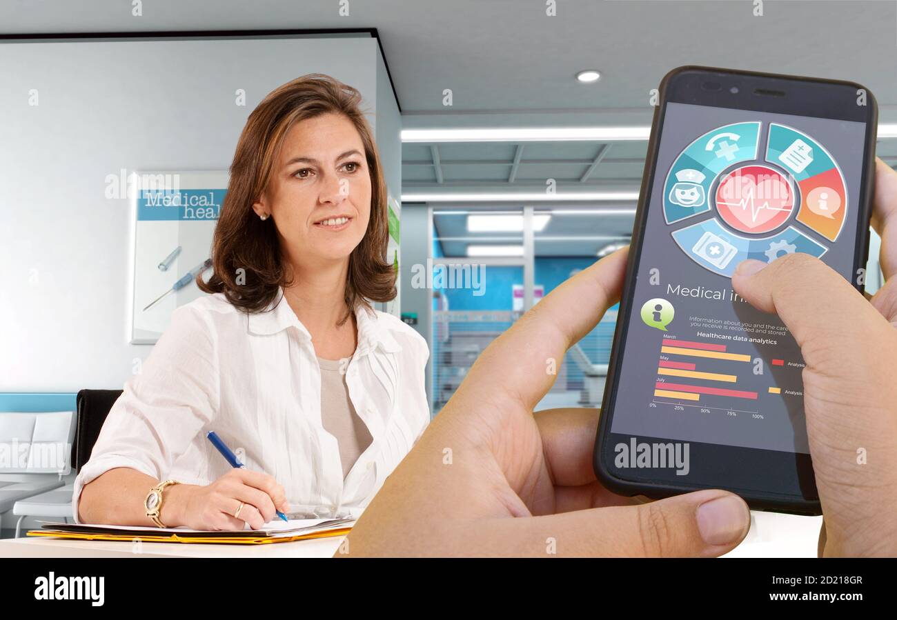 3D rendering of a healthcare app and a hospital interior with a doctor ...