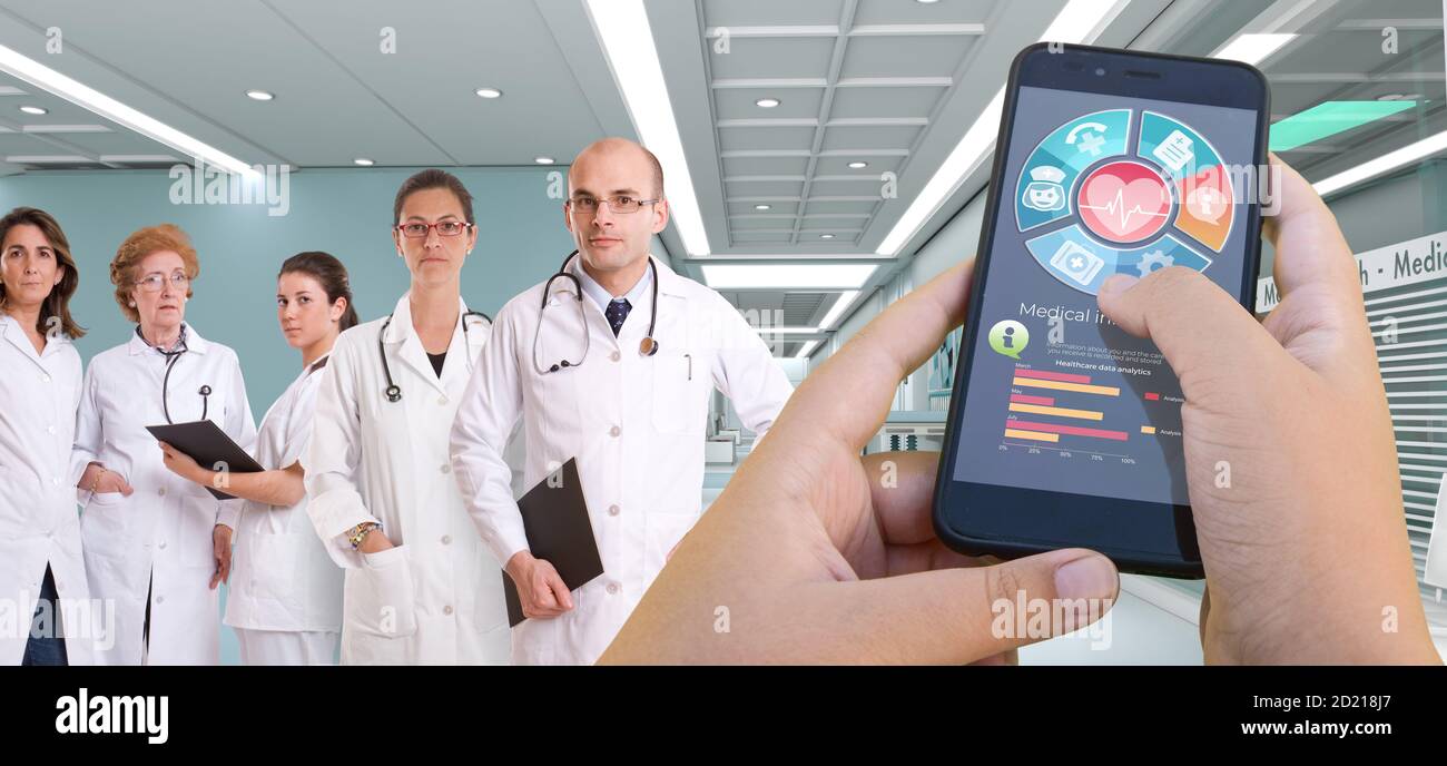 3D rendering of a healthcare app and a hospital interior with a medical ...
