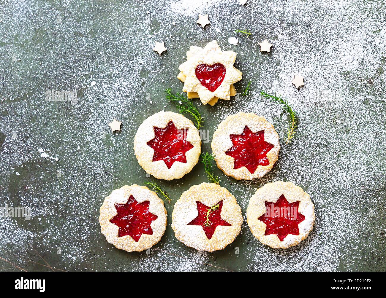 Christmas or New Year tree made from Austrian Linzer cookies with jam ...