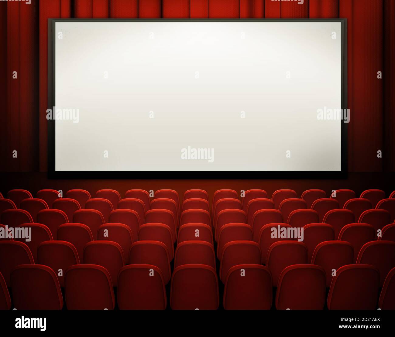 Empty movie theater mockup with red seats and blank white screen to add ...