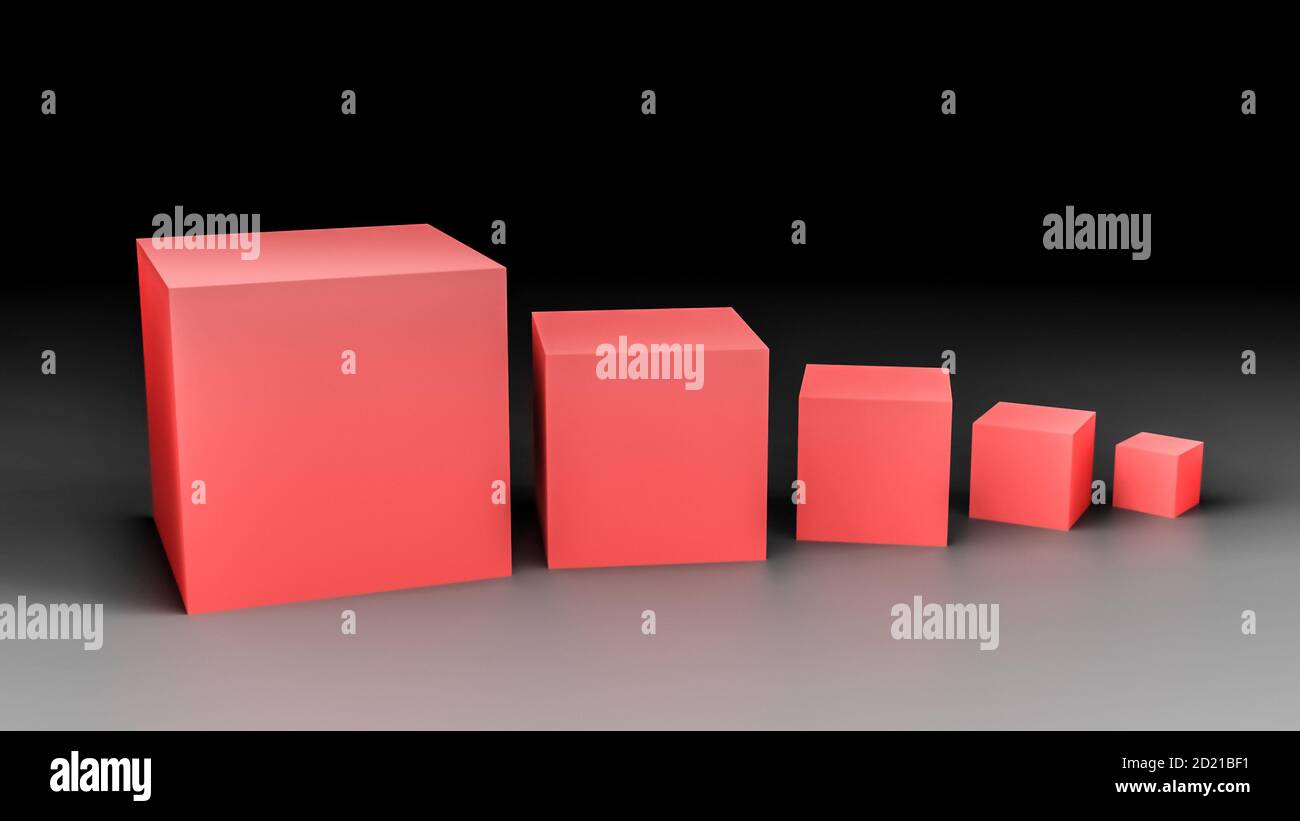 Cubes or boxes of different sizes, red, in realistic studio interior ...