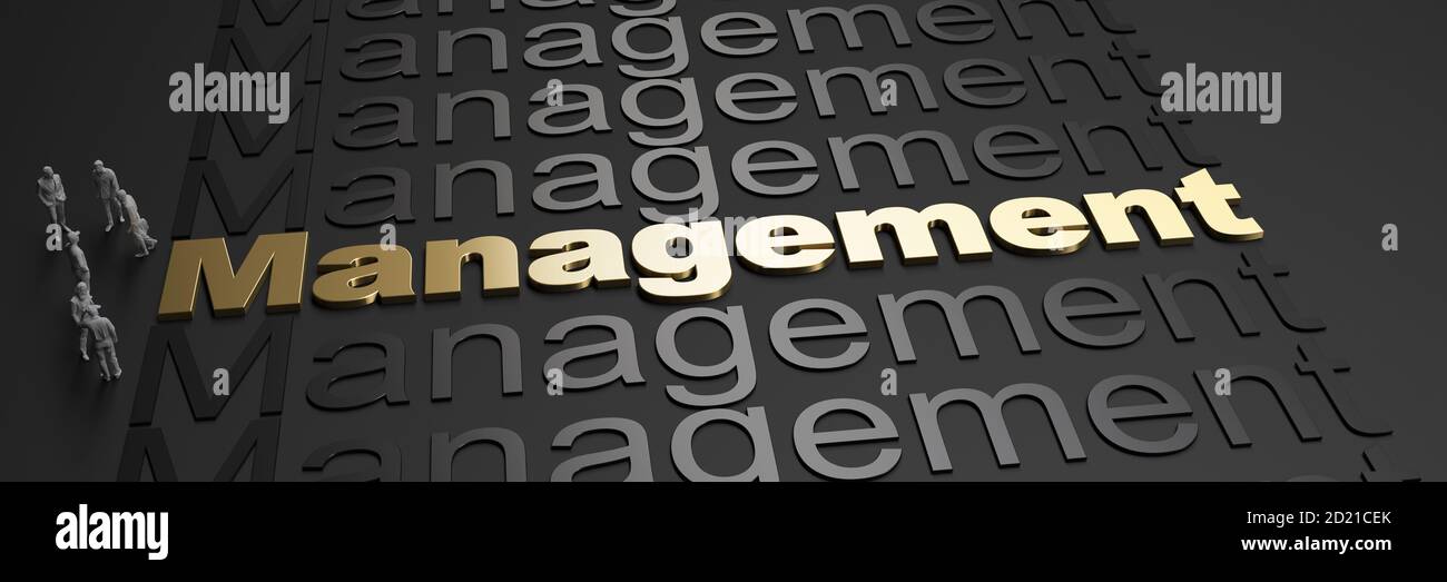 3D rendering of the word management in golden letters against a black ...