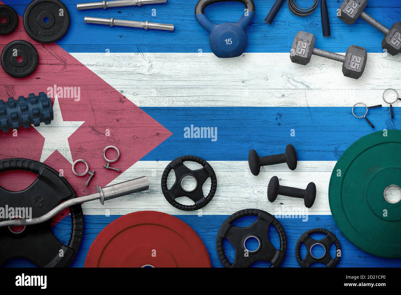 Cuba sports and fitness concept. Top view of heavy weight plates with ...