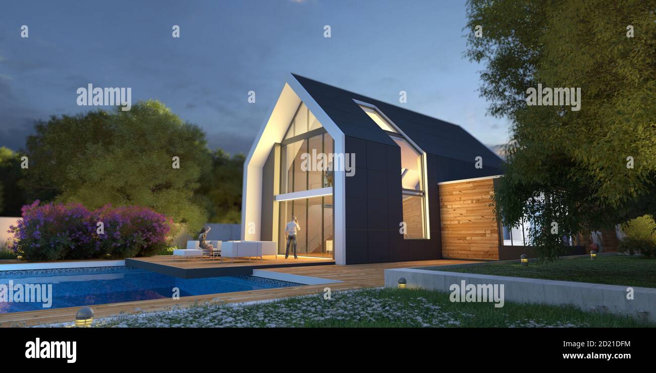 3D rendering of a bright modern pitched roof villa with pool Stock ...