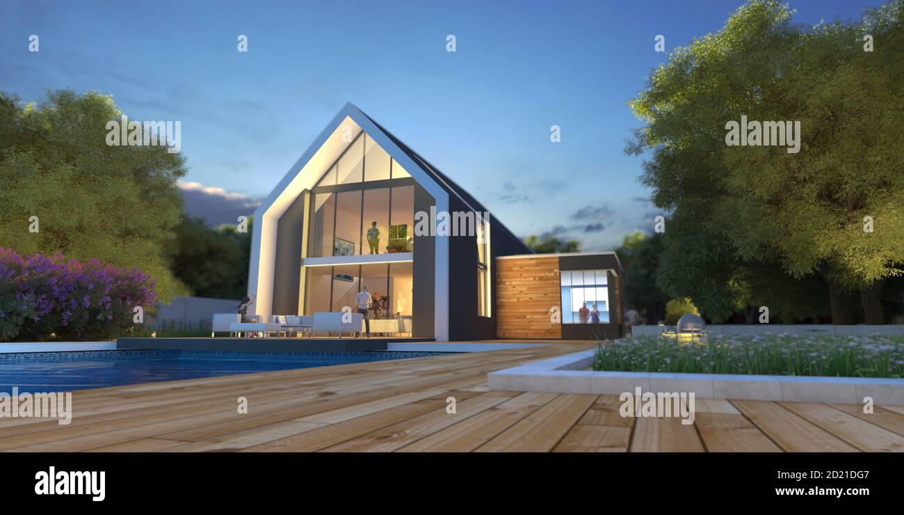 3D rendering of a bright modern pitched roof villa with pool Stock ...