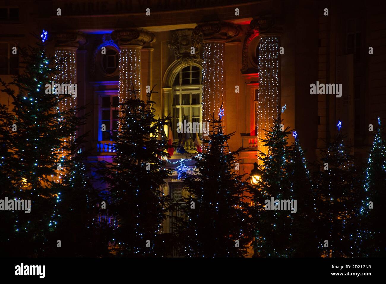 Christmas in Paris, France. Christmas tree decorated with light ...
