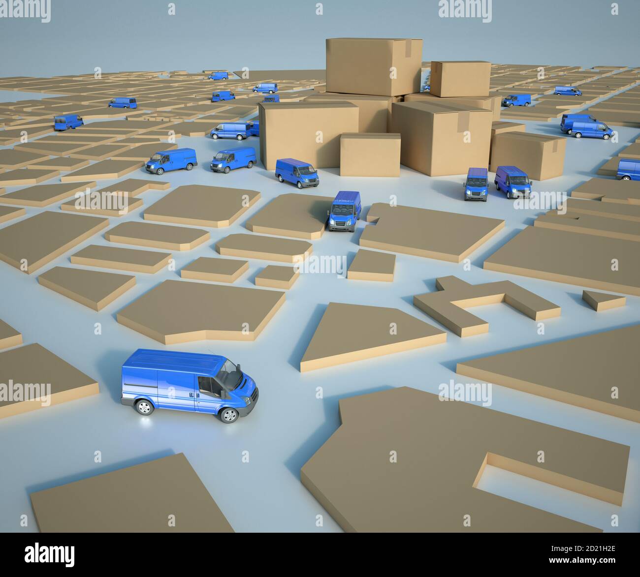 3D rendering of a cardboard text blue map with blue trucks circulating ...