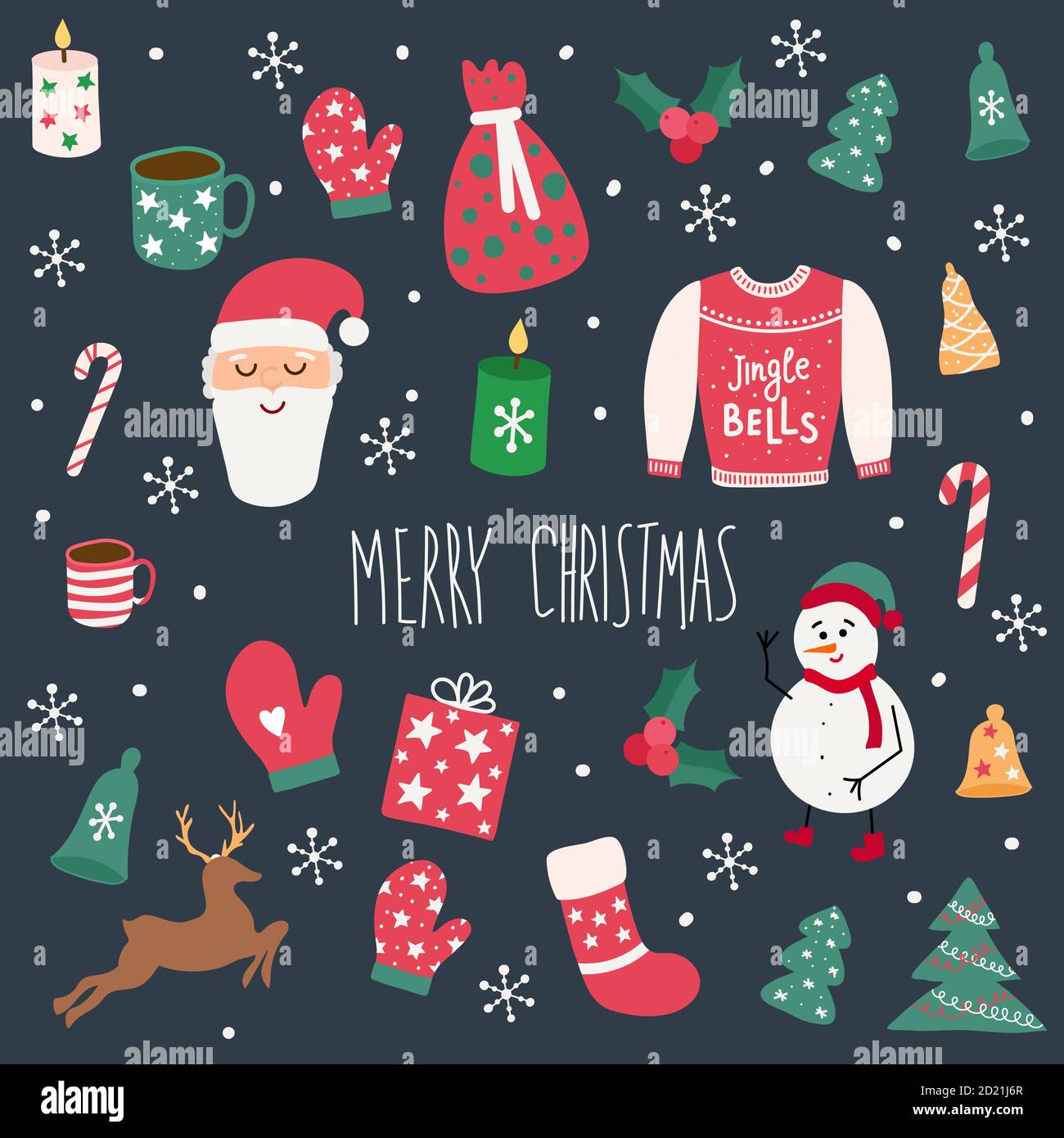 Set of Color vector Christmas elements. Snowflakes, Santa Claus ...