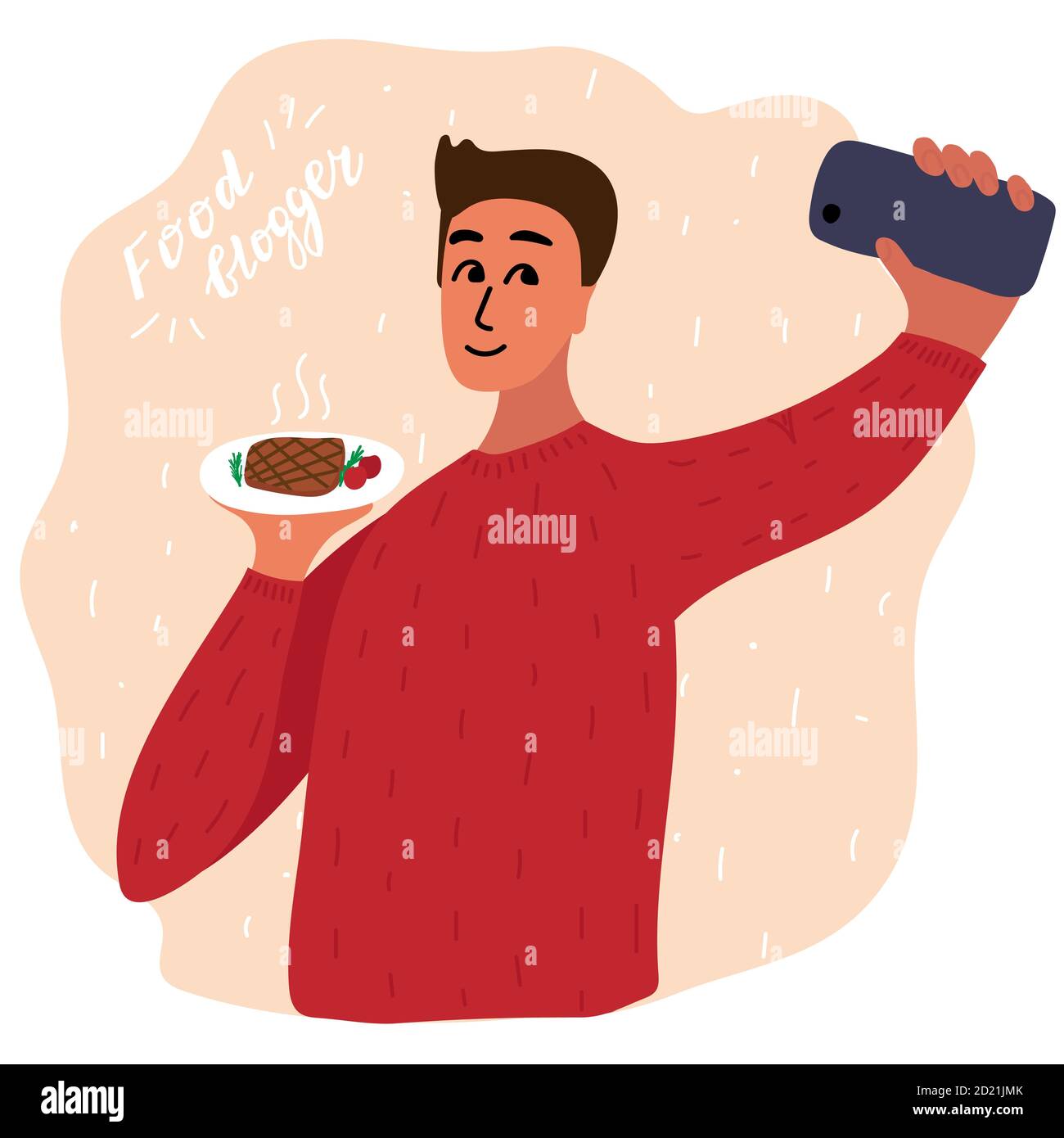 man food blogger making photo selfie with steak with cherry tomatoes ...