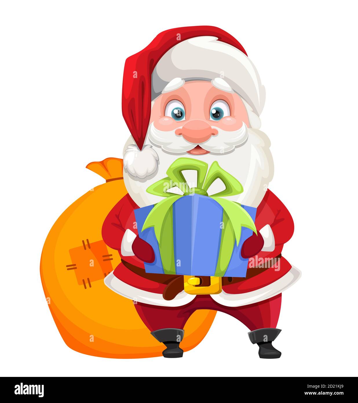 Santa Claus holding gift box. Cheerful Santa cartoon character. Merry ...