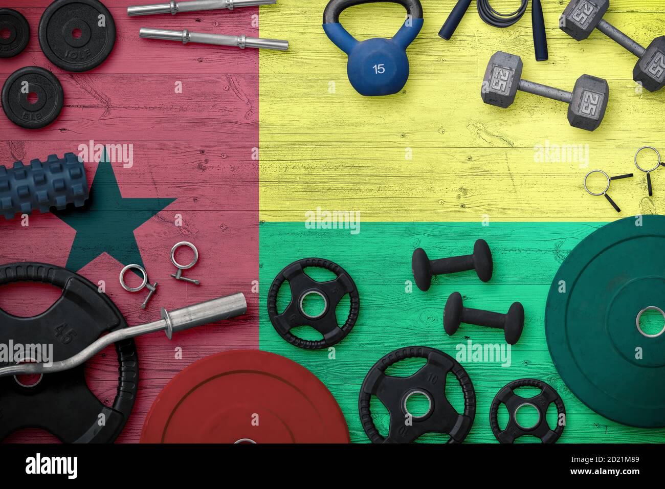 Guinea sports and fitness concept. Top view of heavy weight plates with ...