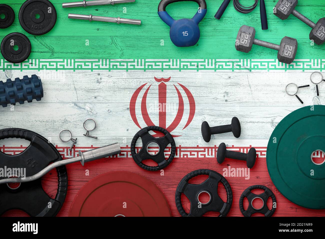 Iran sports and fitness concept. Top view of heavy weight plates with ...