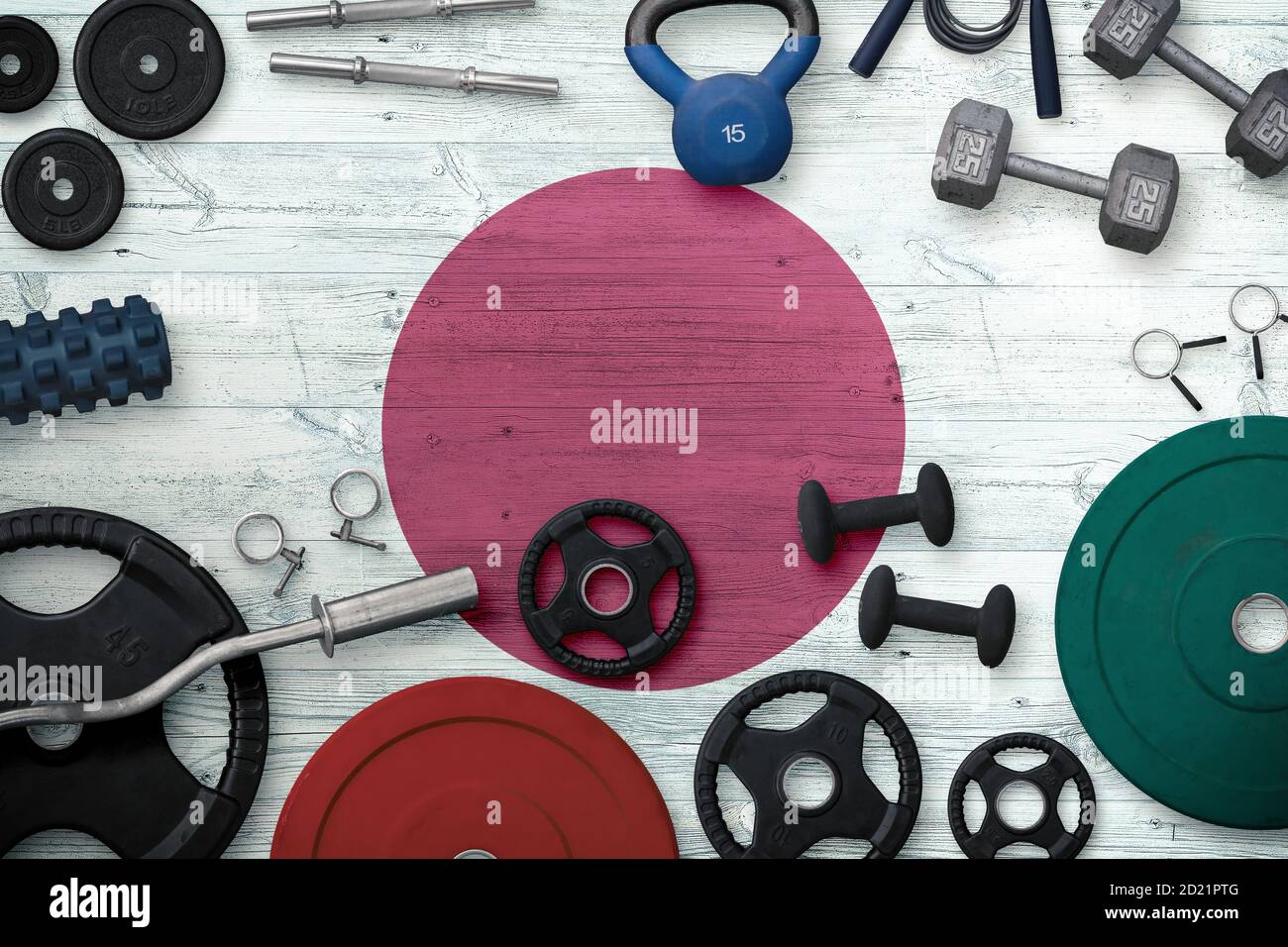 Japan sports and fitness concept. Top view of heavy weight plates with ...