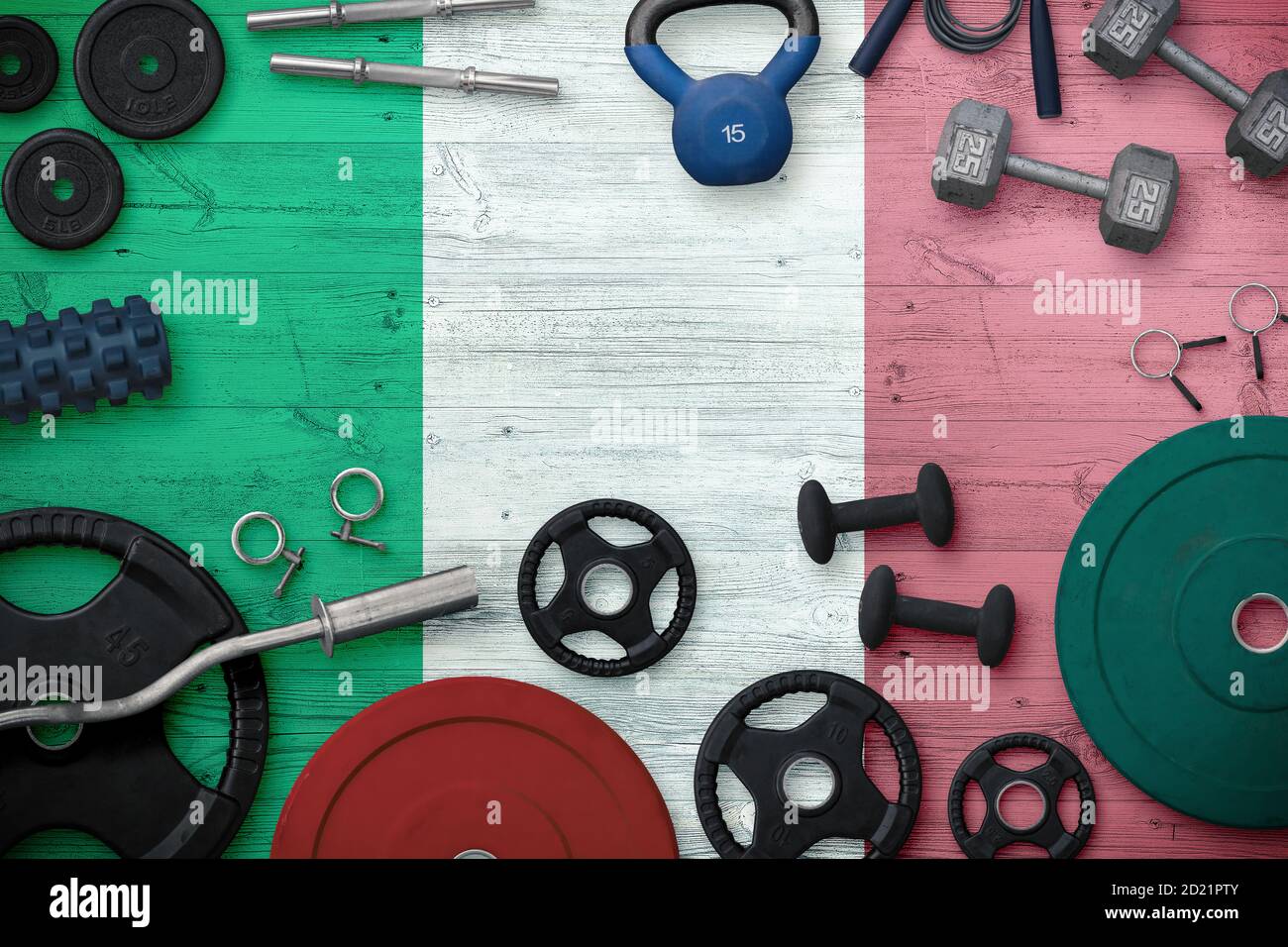 Italy sports and fitness concept. Top view of heavy weight plates with ...