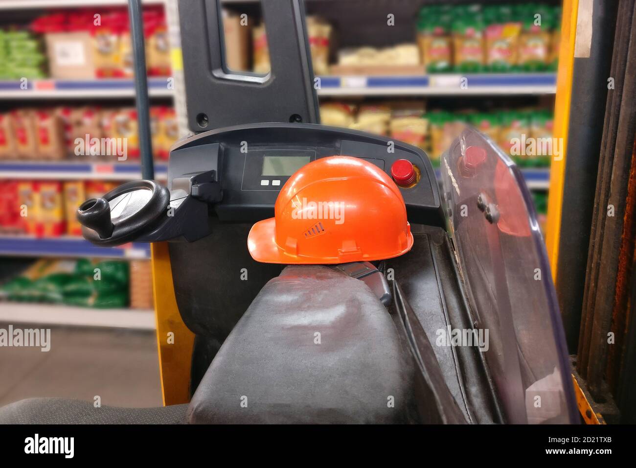 Forklift in the grocery store, loading and unloading of goods. Lift ...