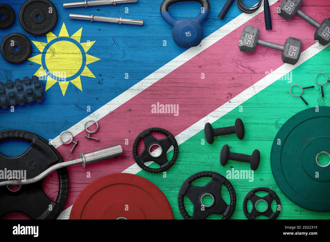 Namibia sports and fitness concept. Top view of heavy weight plates ...